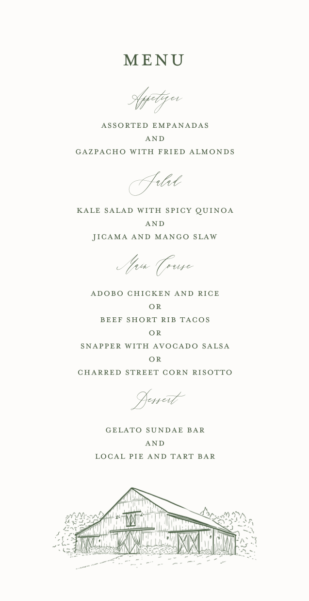 Millbrook | Evergreen | Zola Wedding Menus
