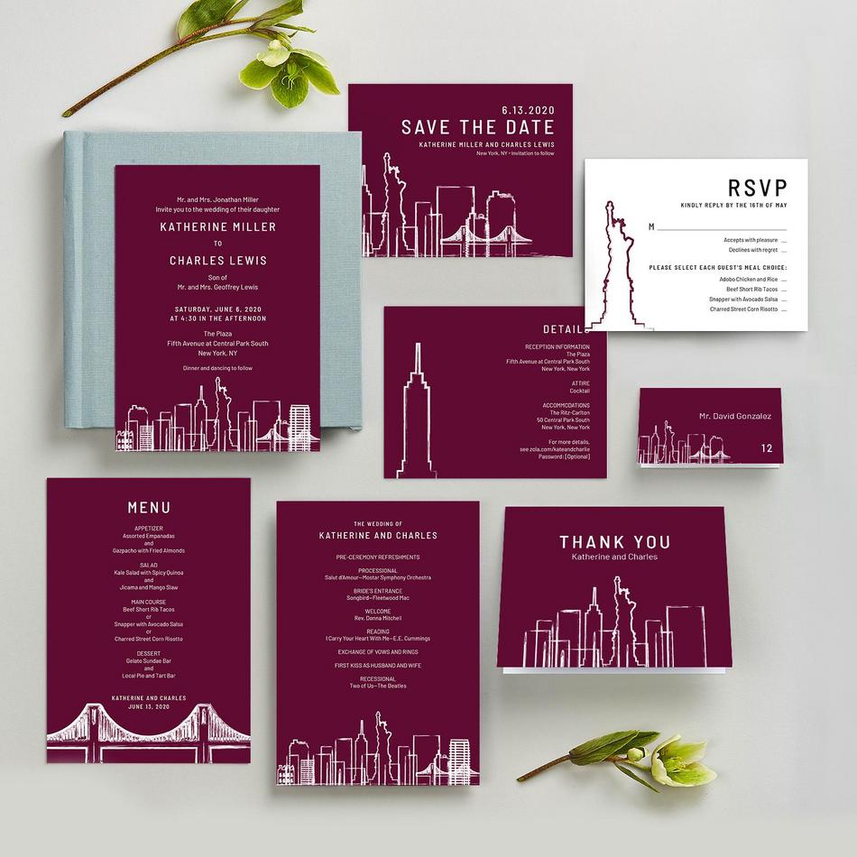 Manhattan Skyline | Burgundy | Zola Wedding Invitations
