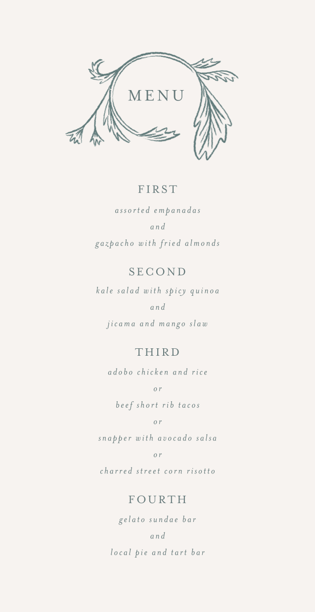 Desrosiers | Deep Blue Spruce | Zola Wedding Menus