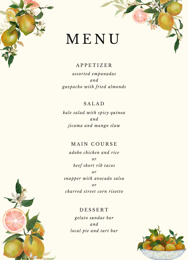 Citron | Light Butter | Zola Wedding Menus