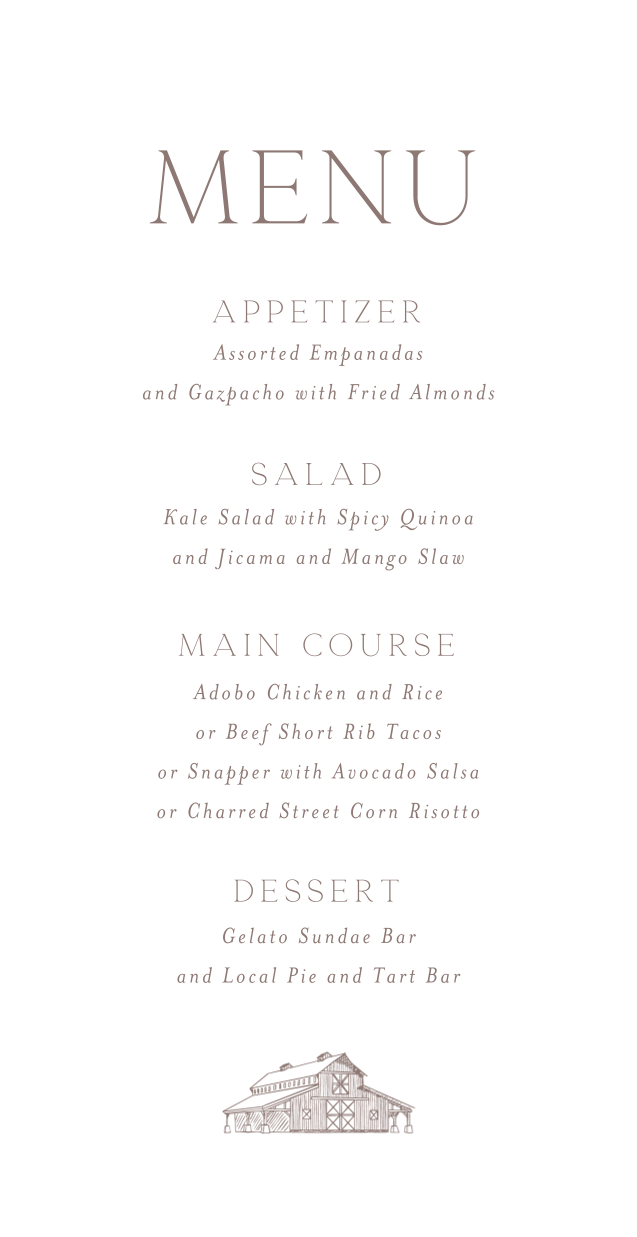Heritage Barn | Taupe | Zola Wedding Menus