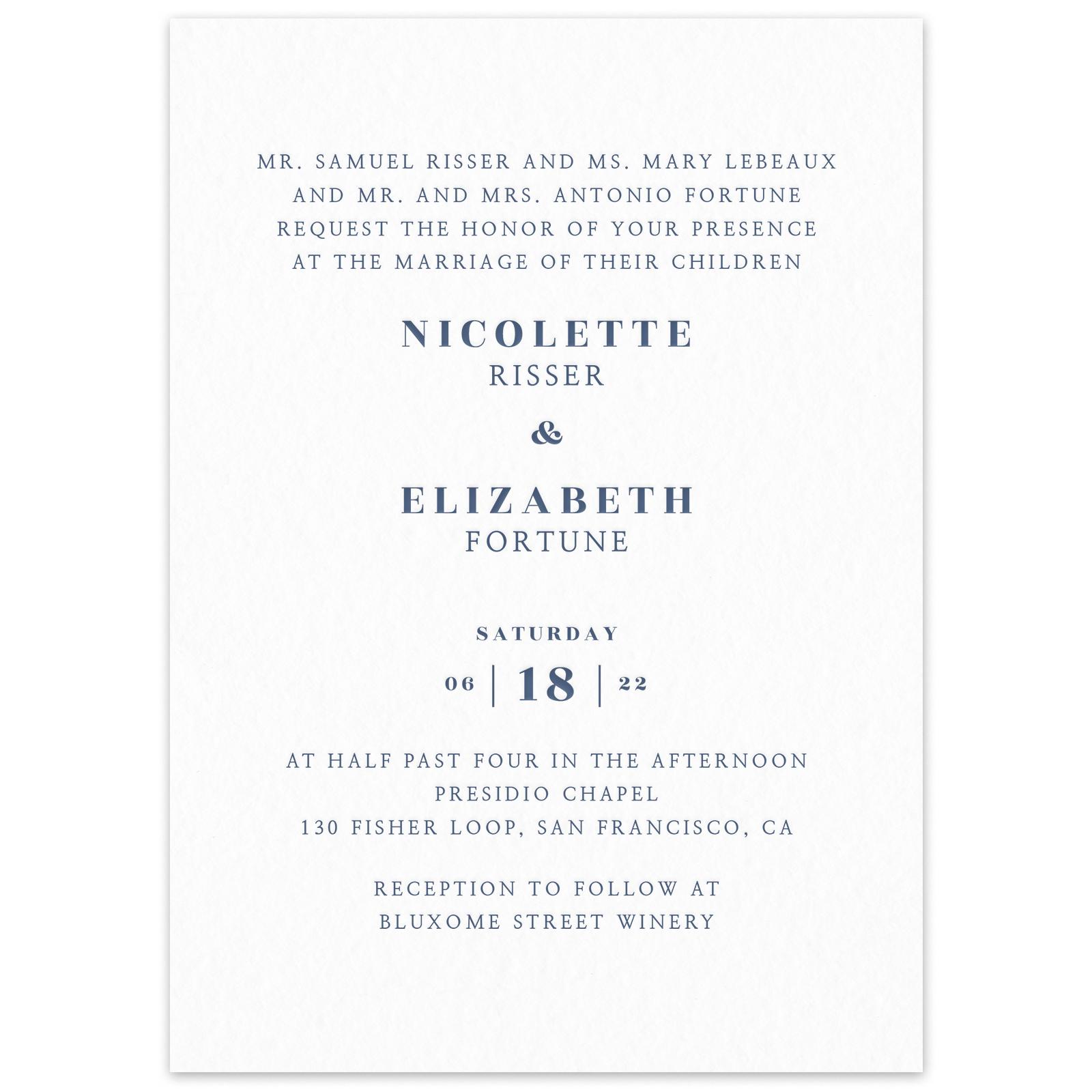 Zola Invites + Paper, Invitation - Florence Portrait Letterpress Single ...