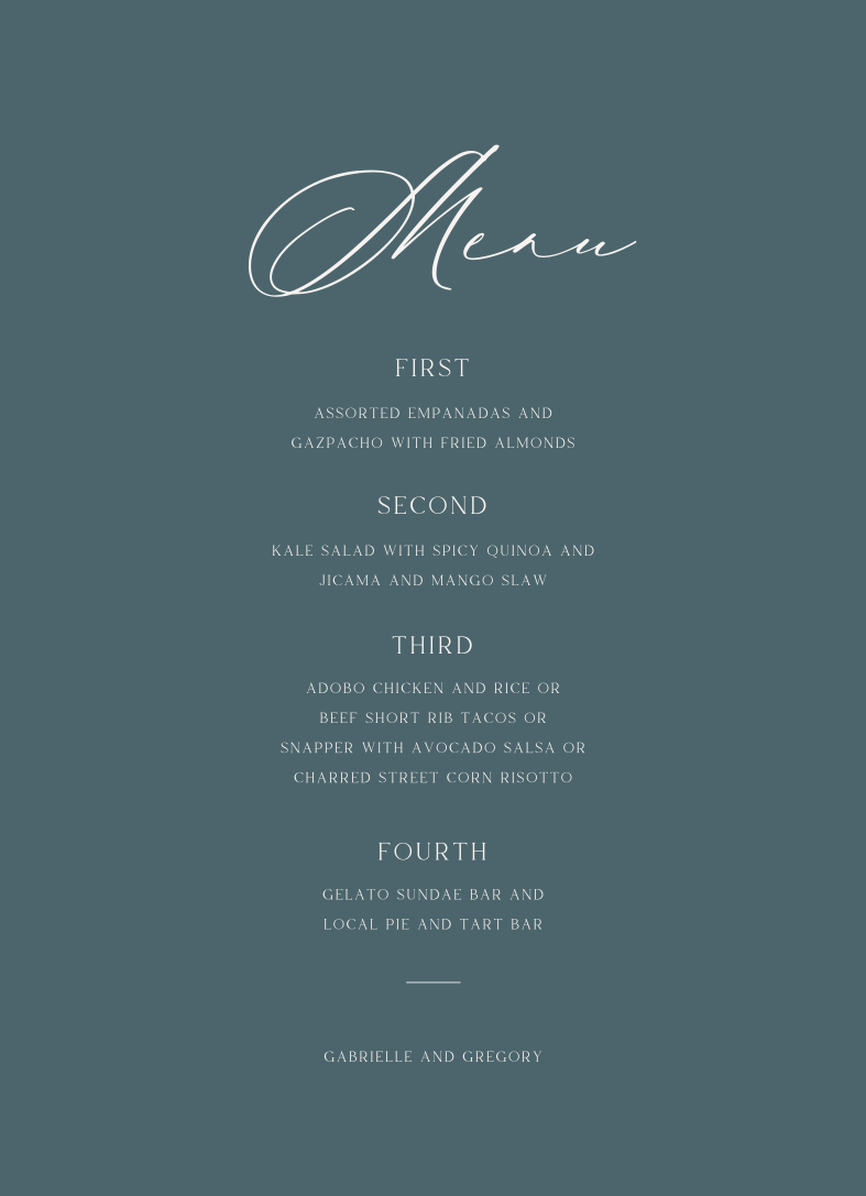 Veneto | Deep Blue Spruce | Zola Wedding Menus