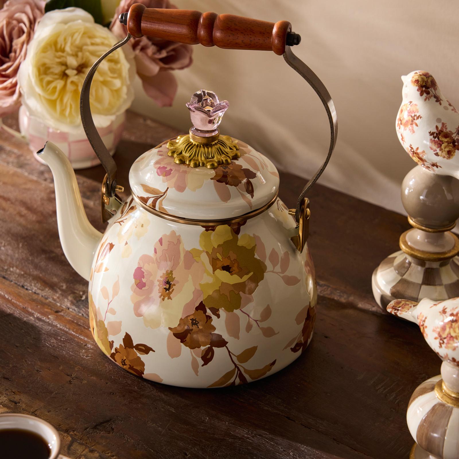 MacKenzie-Childs, Wild Rose White Stainless Steel Tea Kettle | Zola