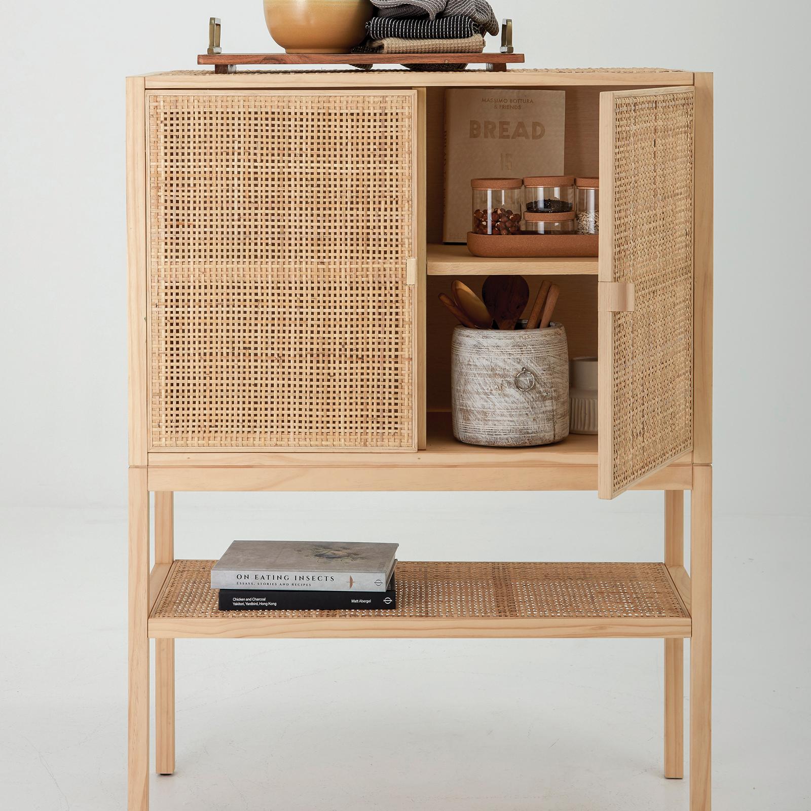 Woven Rattan and Wood Cabinet with 2 Doors Natural