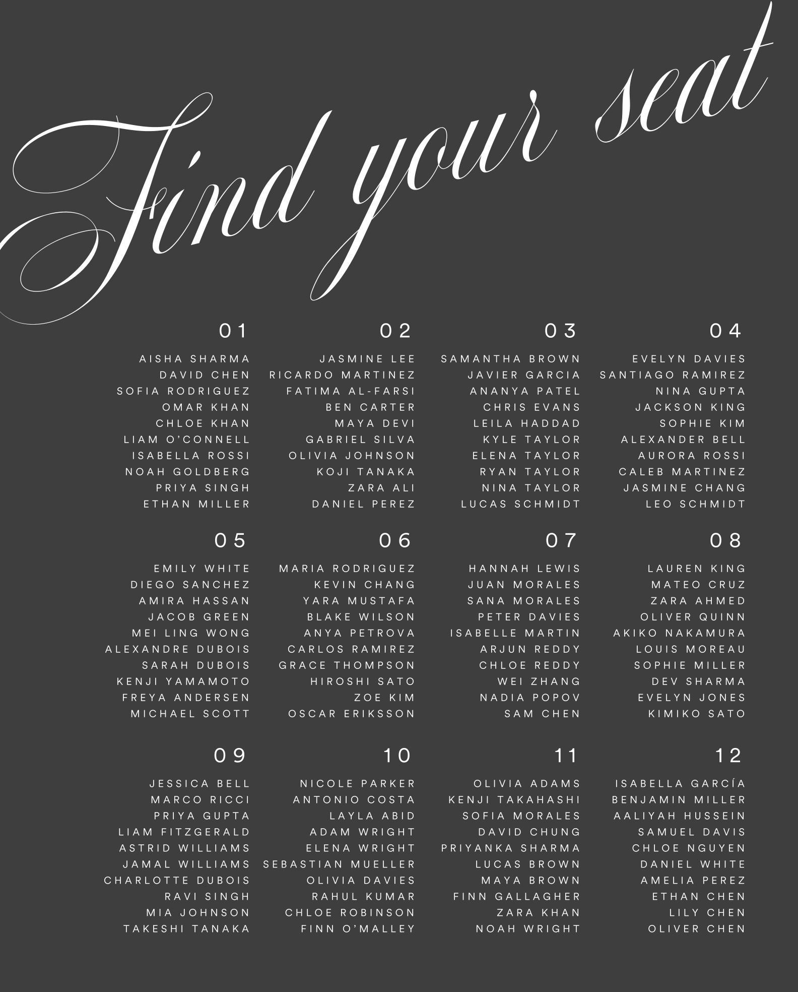 Dametta Seating Chart | Dark Charcoal | Zola Wedding Signs