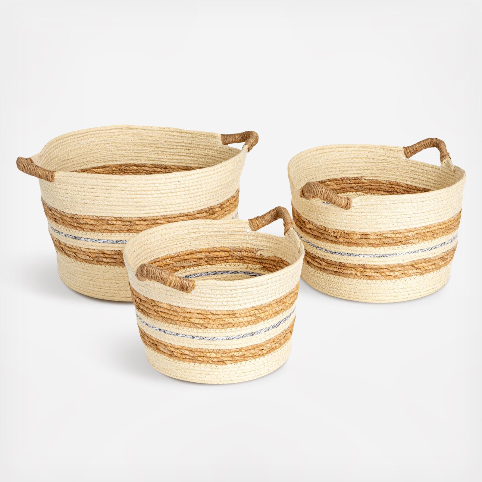 Household Essentials, Handwoven Corded Paper & Cattail 3-Piece Basket ...